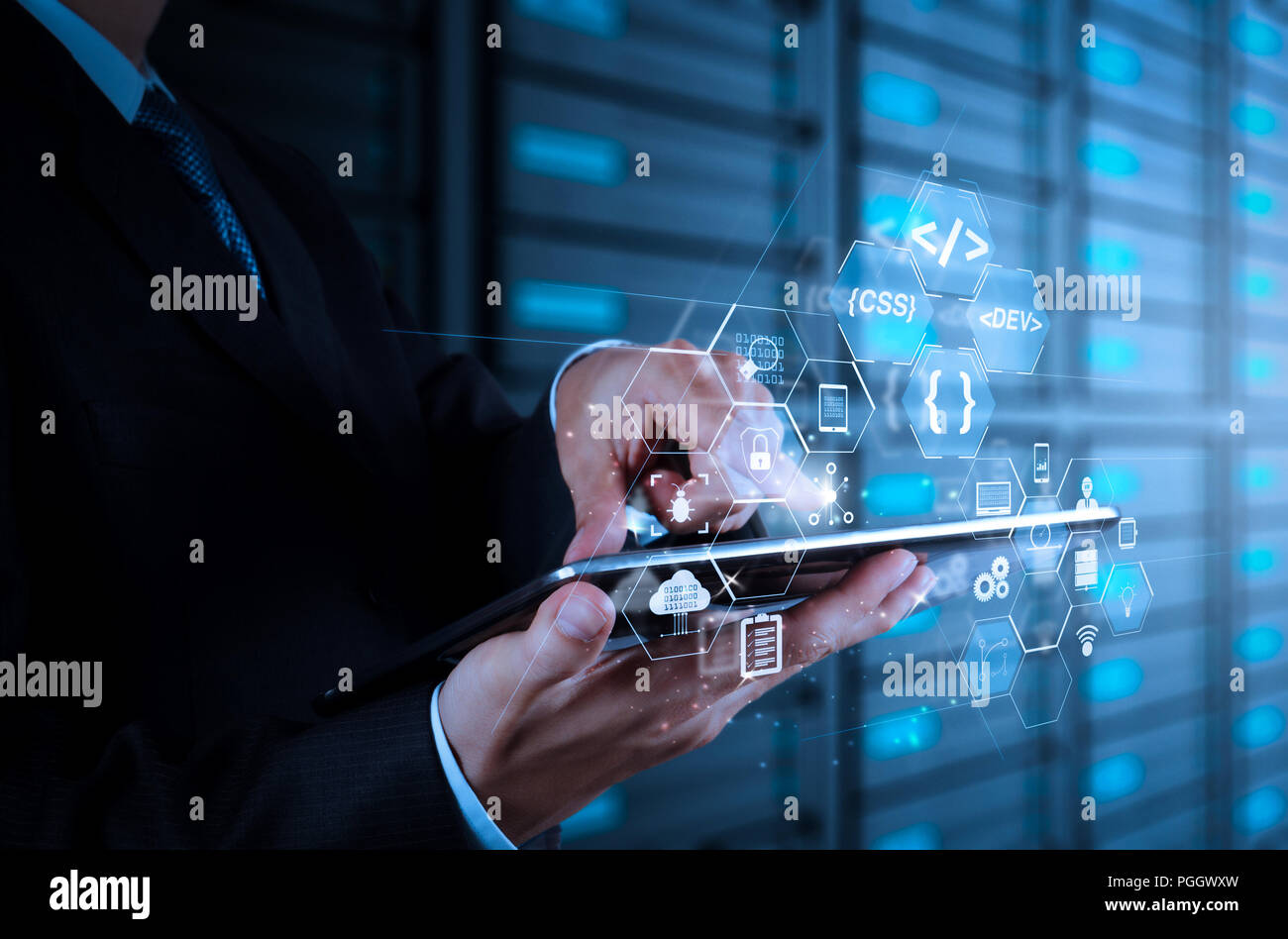 Coding software developer work with augmented reality dashboard ...