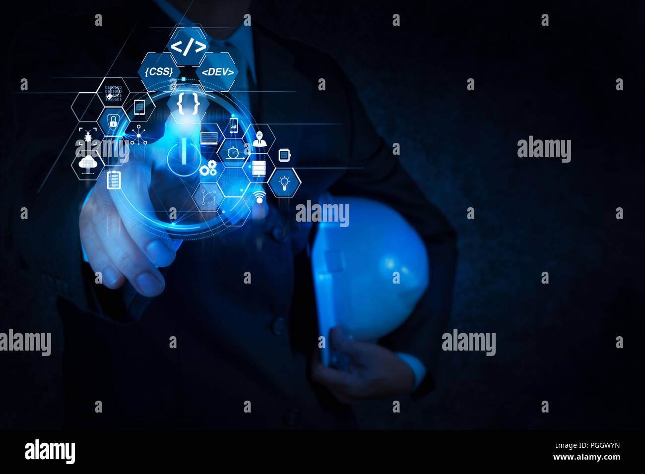 Coding software developer work with augmented reality dashboard ...