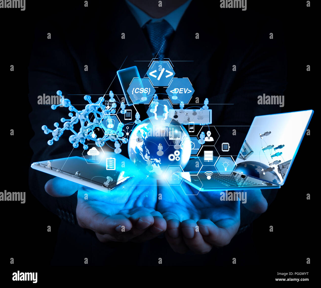 Coding software developer work with augmented reality dashboard ...