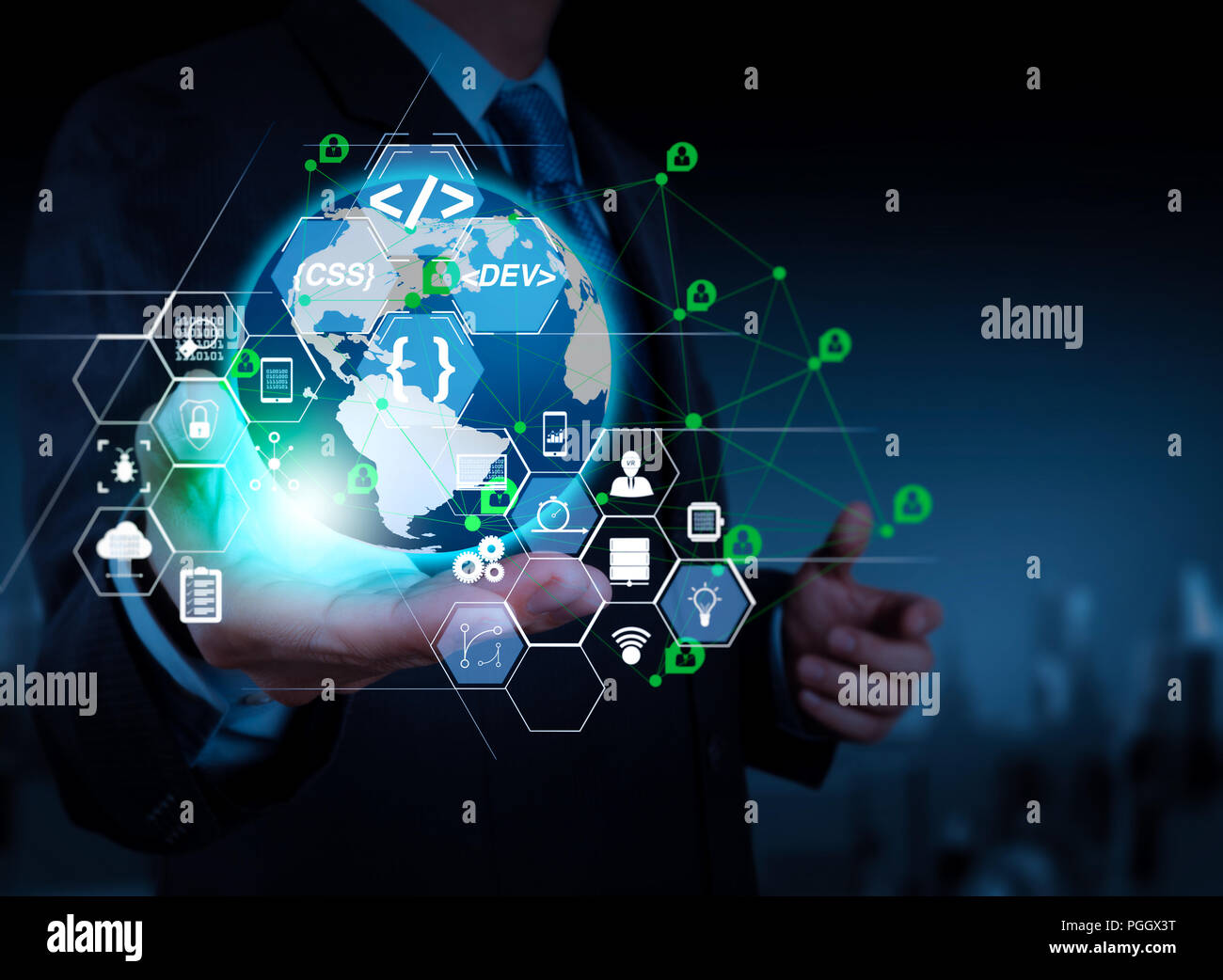 Coding software developer work with augmented reality dashboard ...