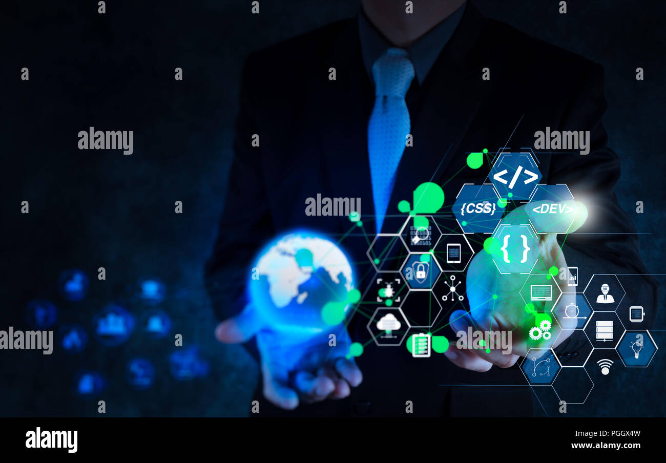 Coding software developer work with augmented reality dashboard ...