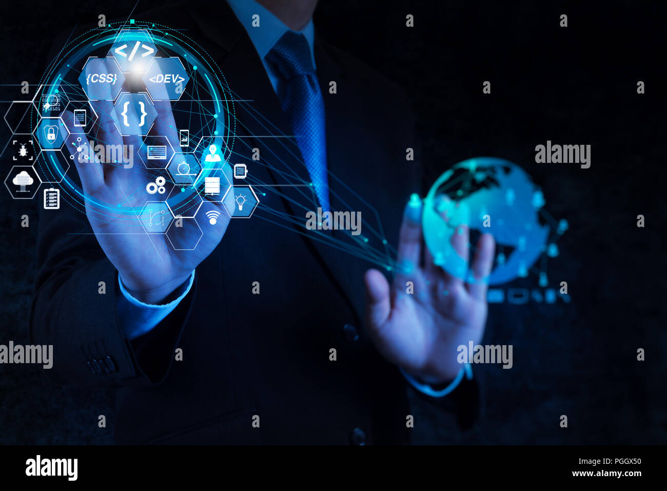 Coding software developer work with augmented reality dashboard ...