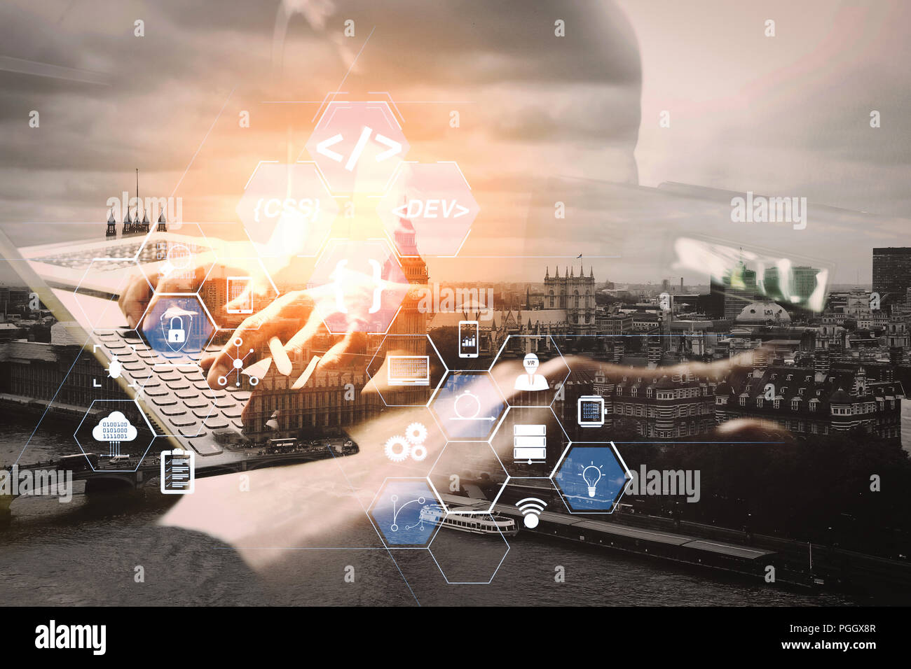 Coding software developer work with augmented reality dashboard ...