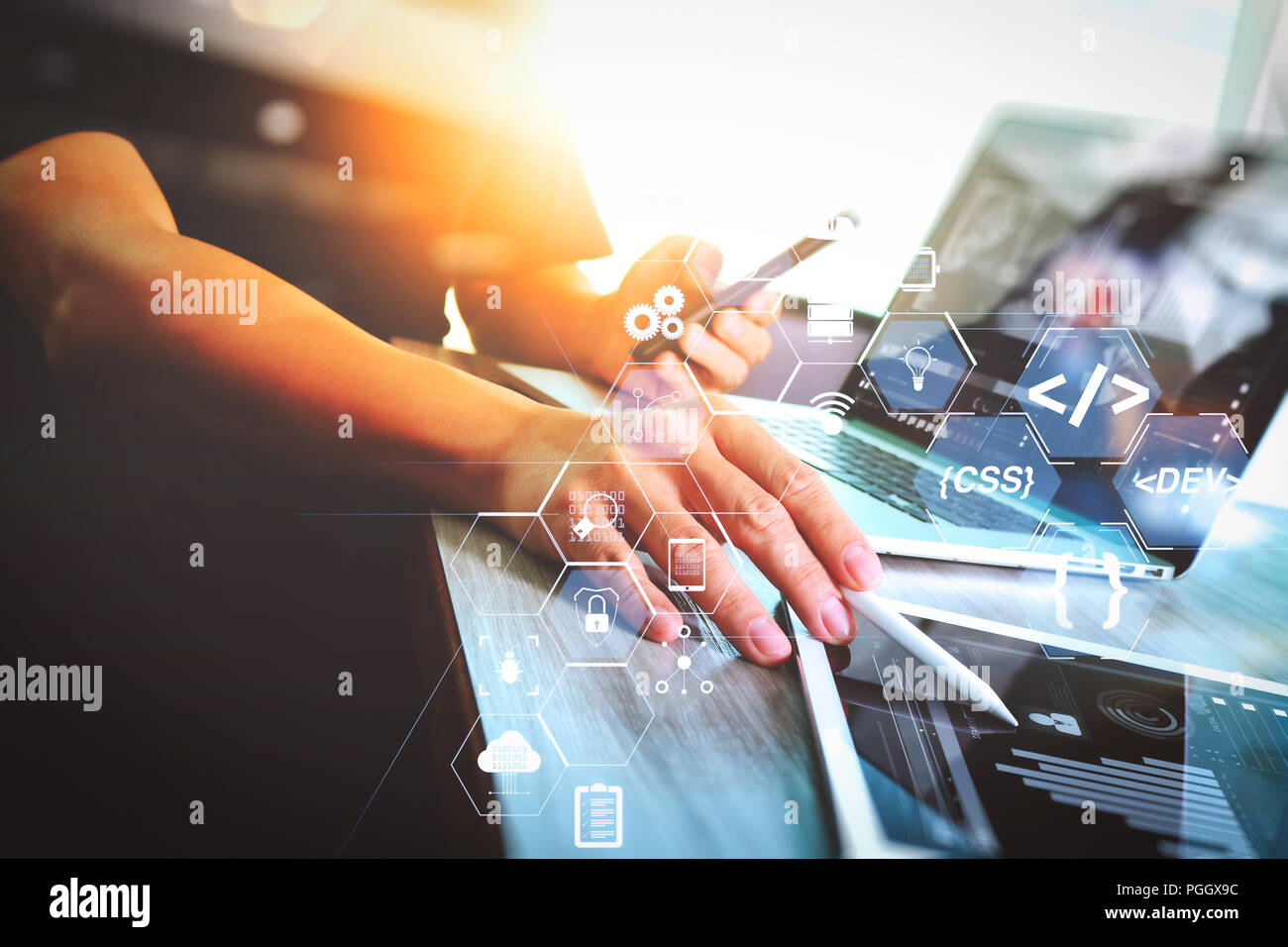 Coding software developer work with augmented reality dashboard ...