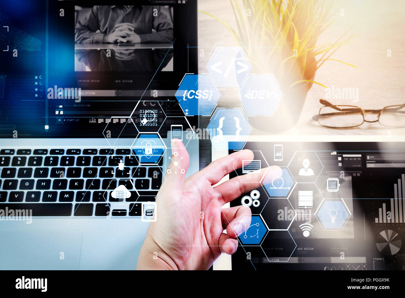 Coding software developer work with augmented reality dashboard ...