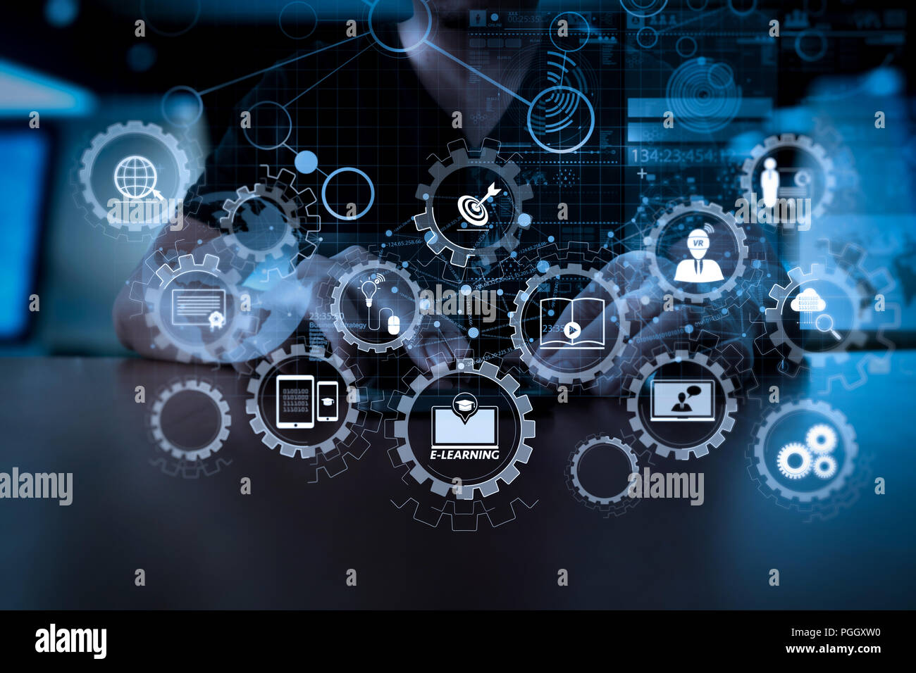 E-learning with connected gear cogs connected diagram virtual dashboard ...