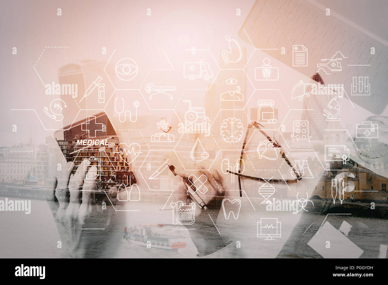 Health care and medical services concept with flat line AR interface ...