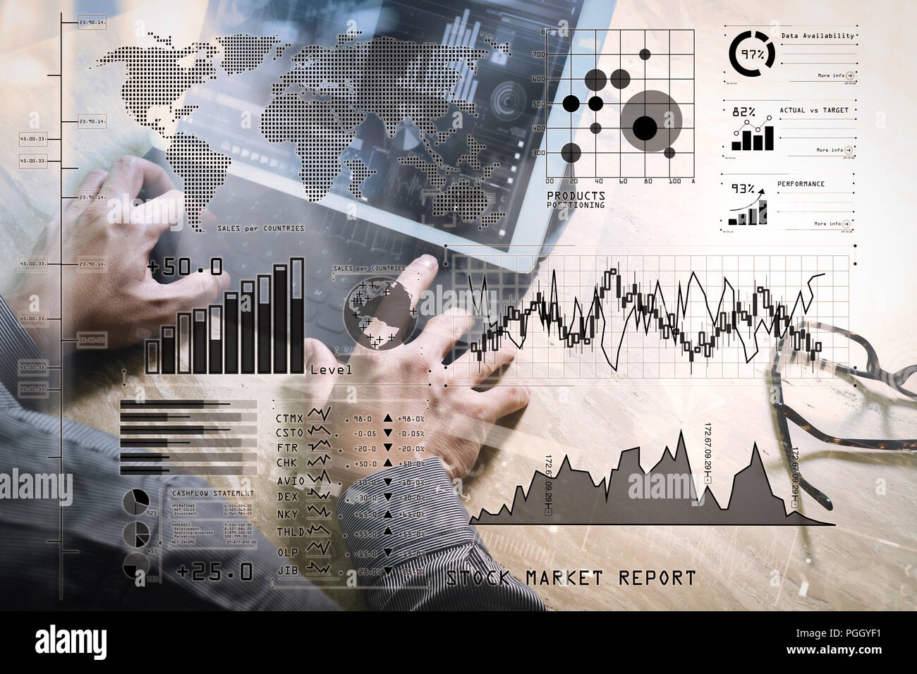 Investor analyzing stock market report and financial dashboard with ...