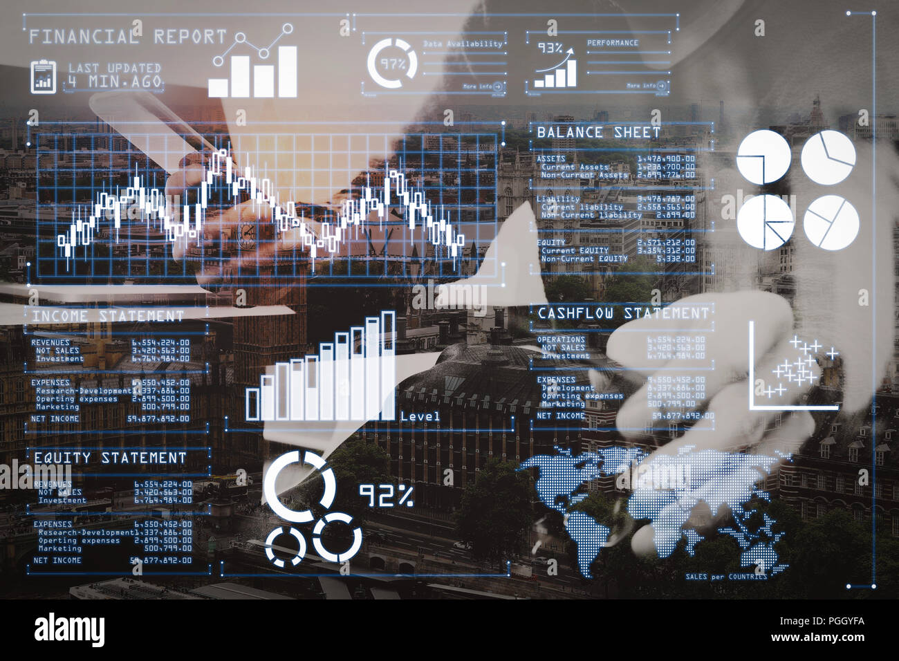Investor analyzing stock market report and financial dashboard with ...