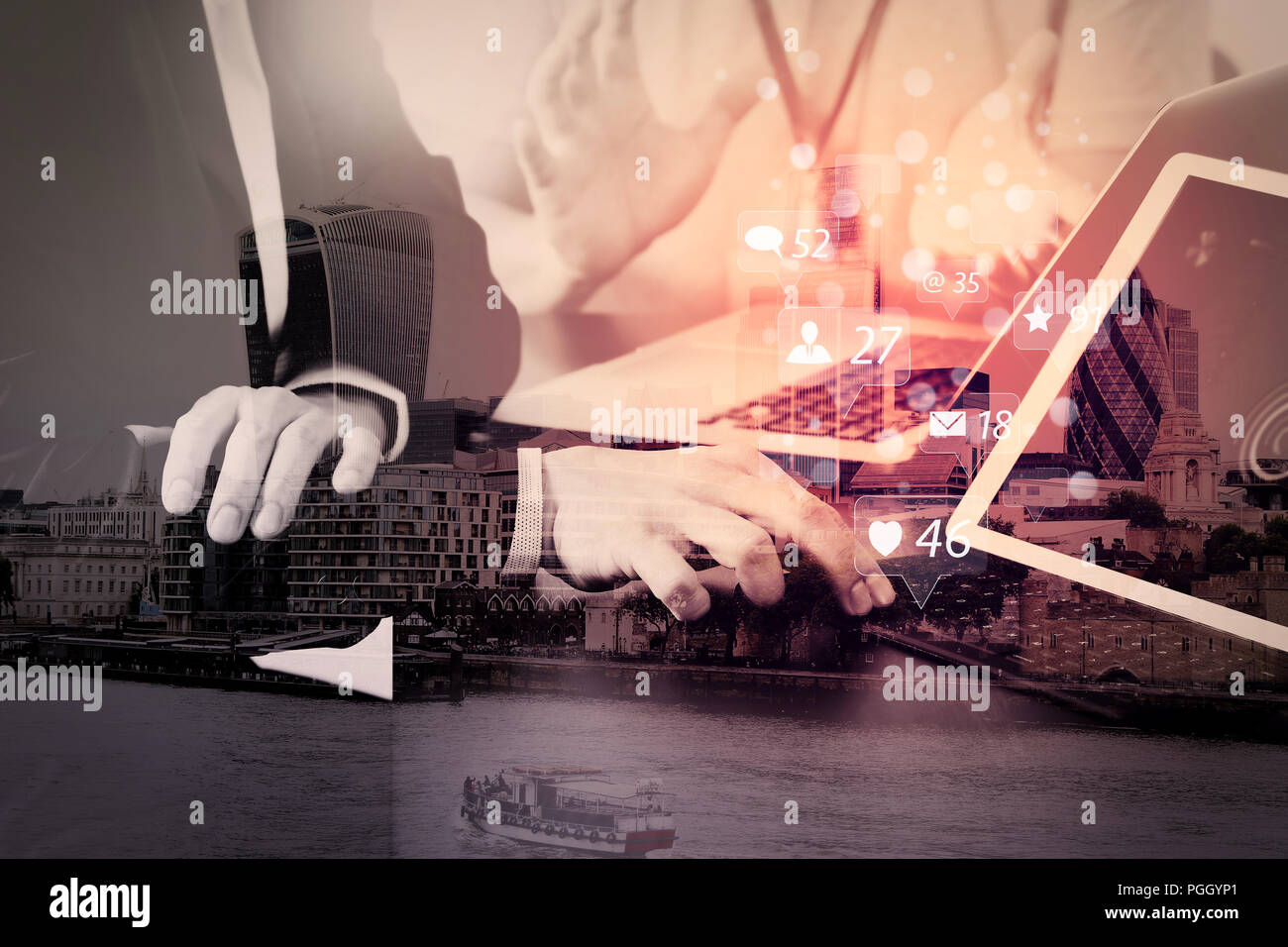 Social media and Marketing virtual icons screen concept.co working team ...