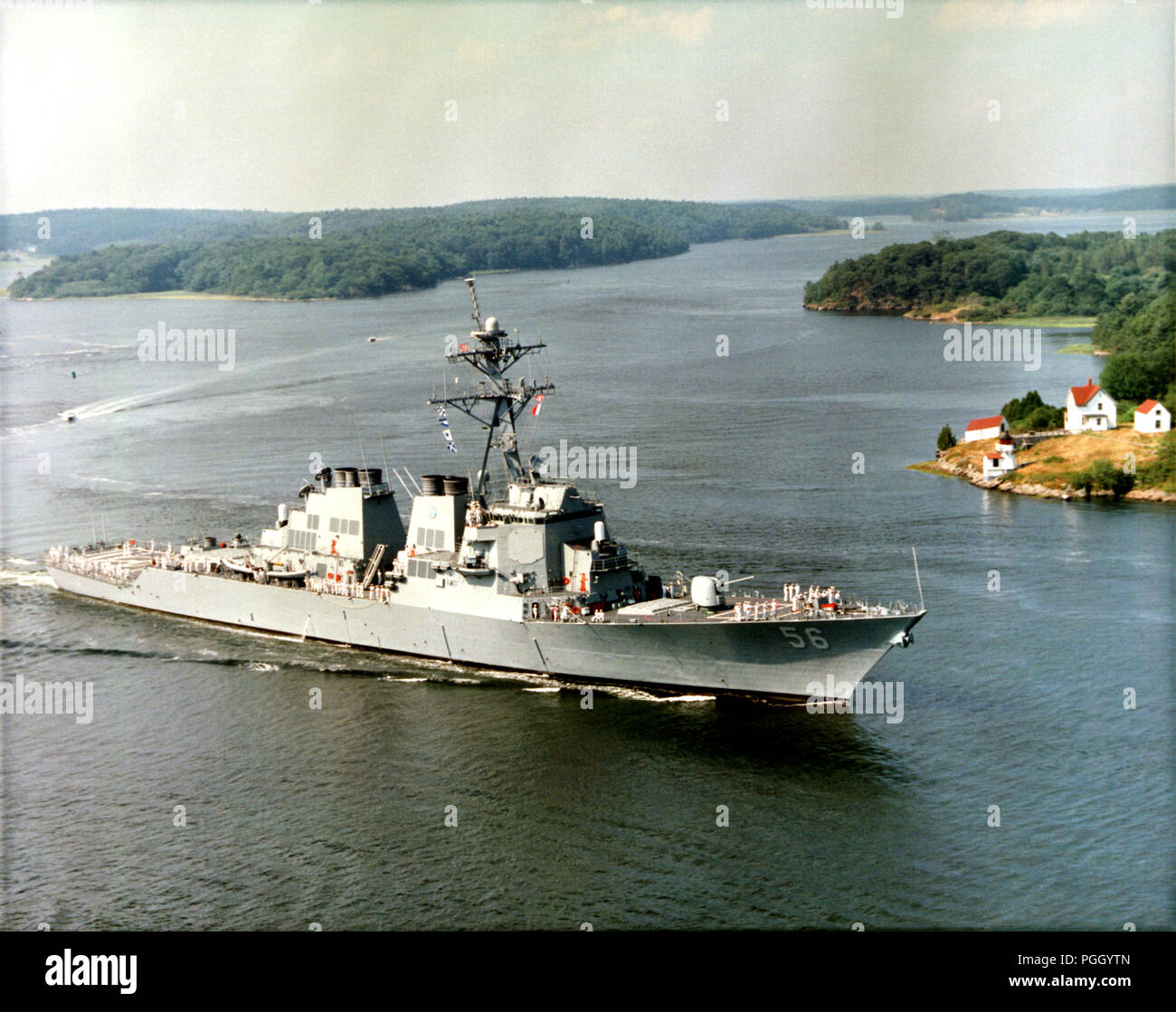 An aerial starboard bow view of the guided missile destroyer USS JOHN S ...