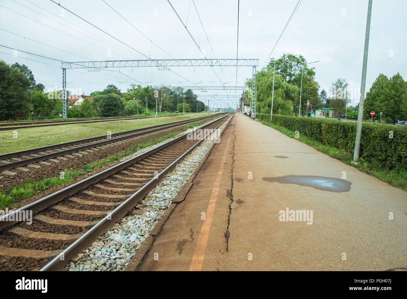 City Salaspils, Latvia. Tran station and iron ways. Urban city view ...