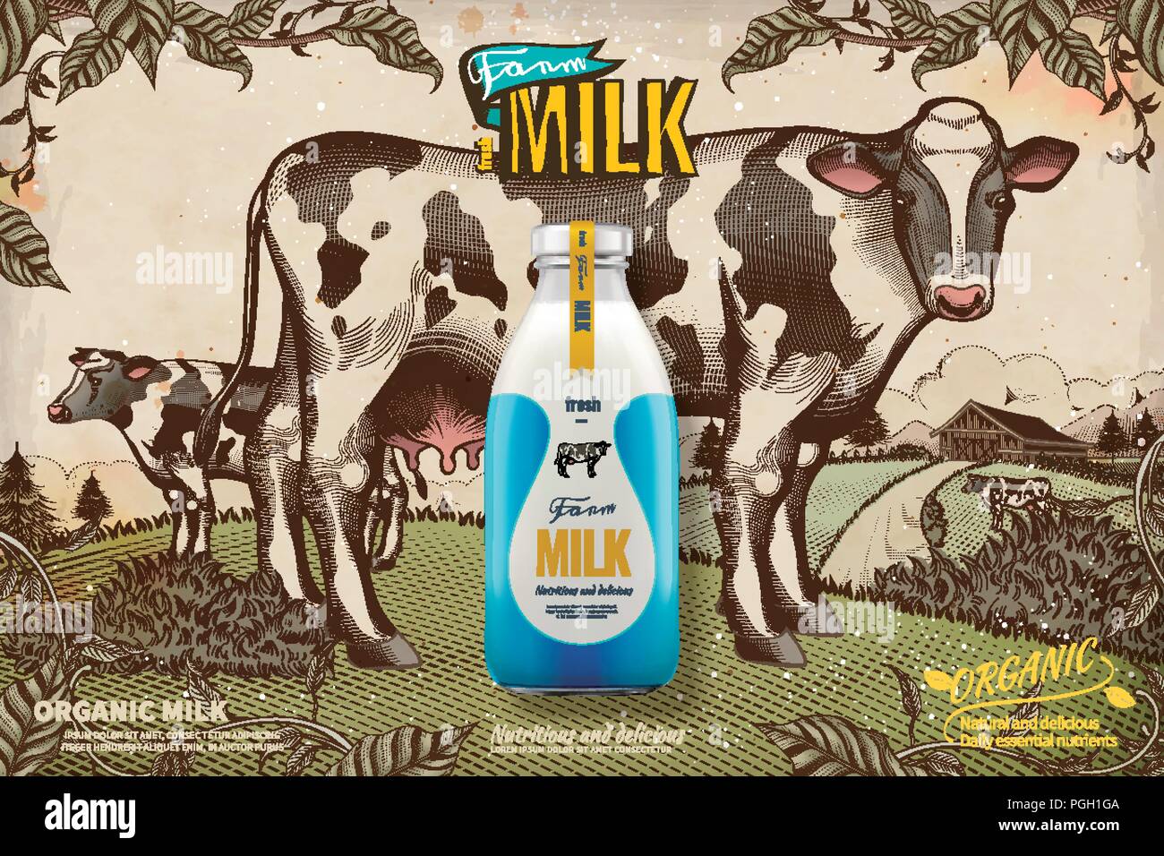 Farm fresh milk in 3d illustration on retro engraved farmland and dairy ...