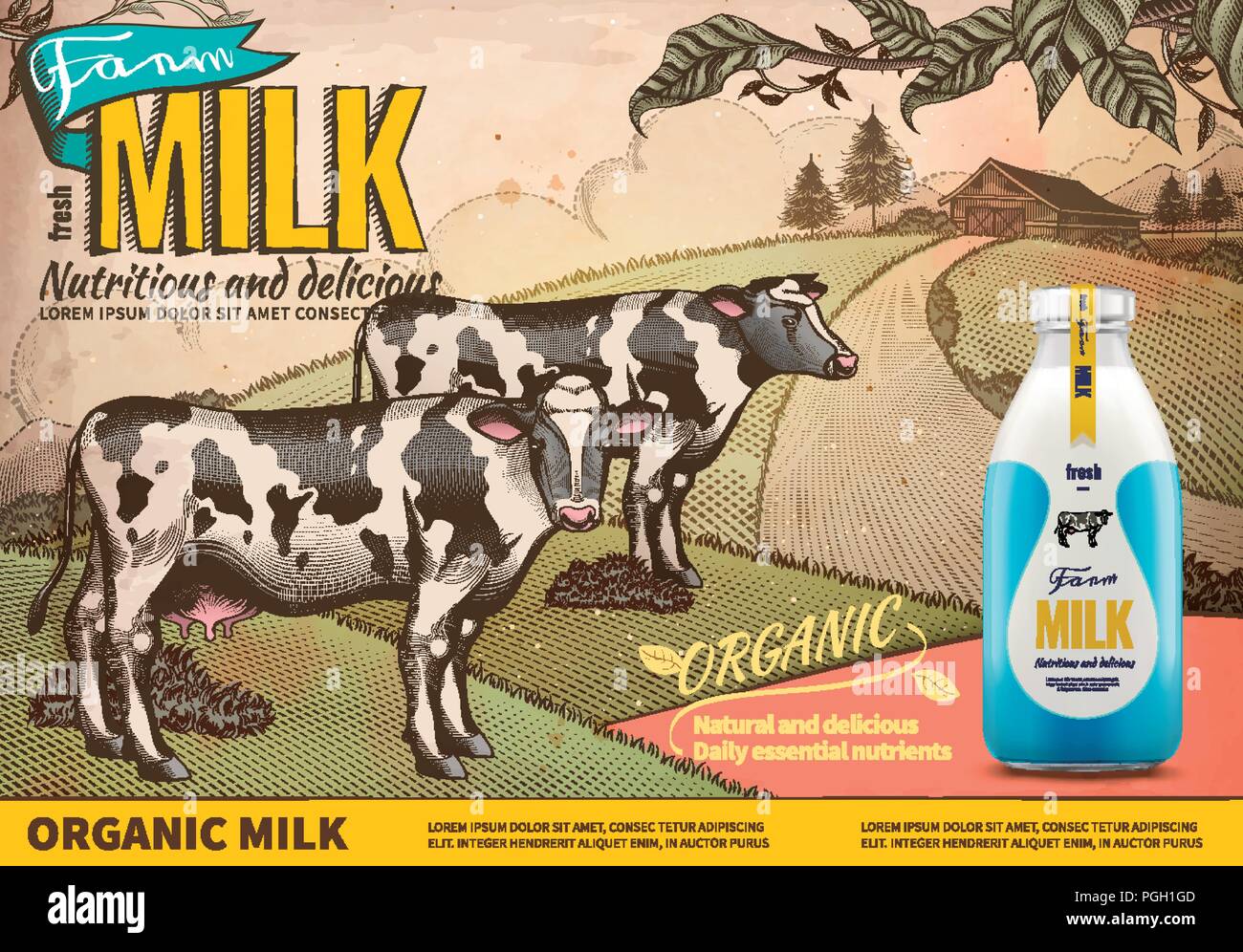 Farm fresh milk in 3d illustration on retro engraved farmland and dairy ...