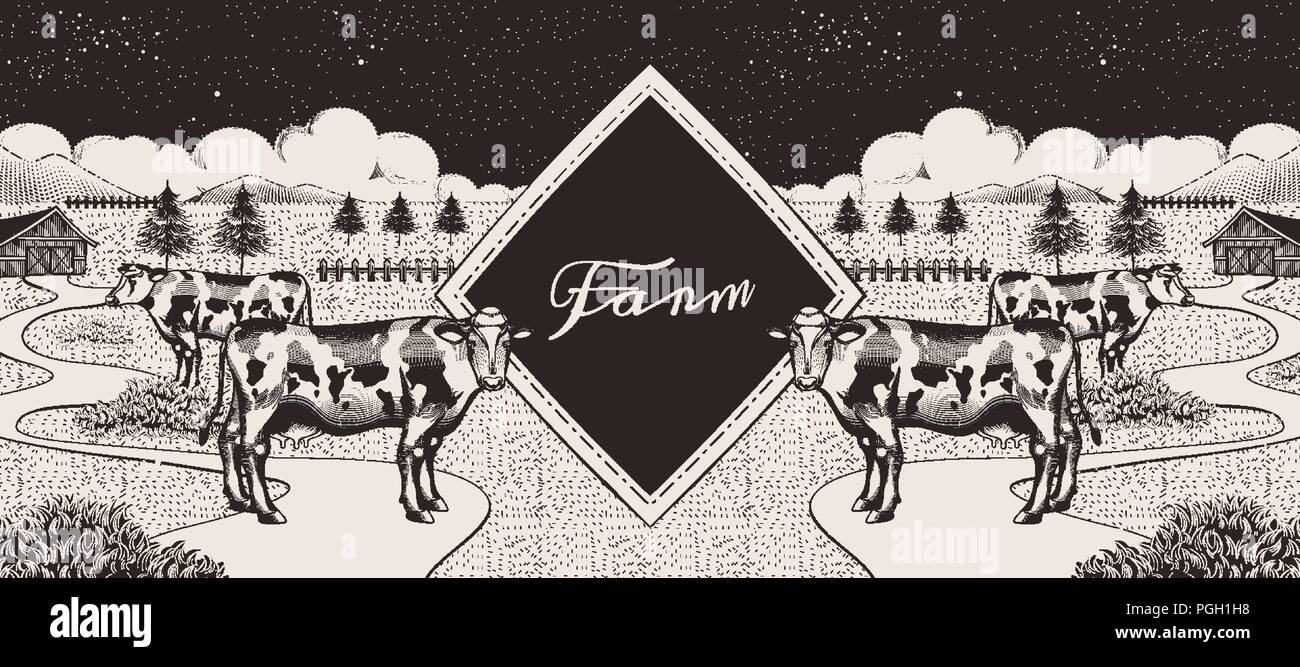 Farmland and cattle design in engraving style Stock Vector Image & Art ...