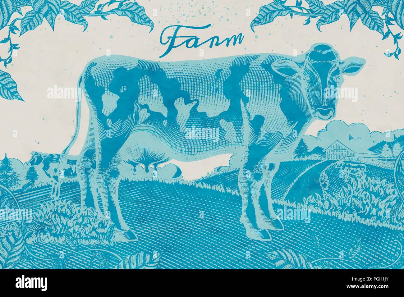 Lovely dairy cattle in engraving style on farmland, negative film ...