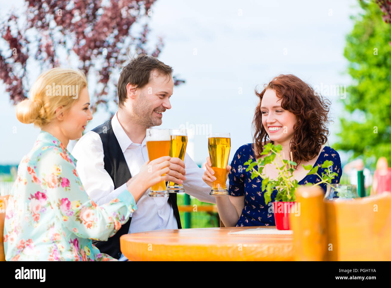 Friends toasting with beer in garden restaurant Stock Photo - Alamy