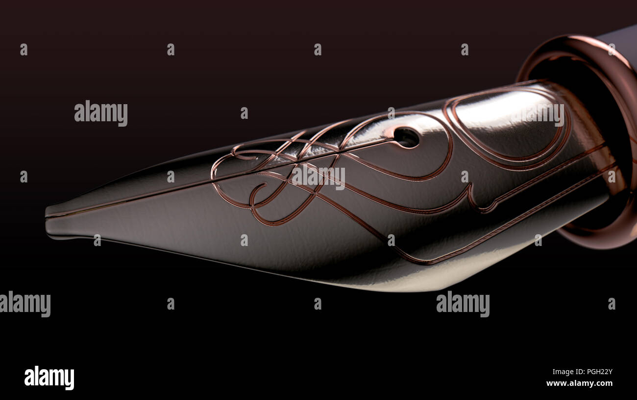 A closeup of the metal nib of an ornate and intricate fountain pen with ...