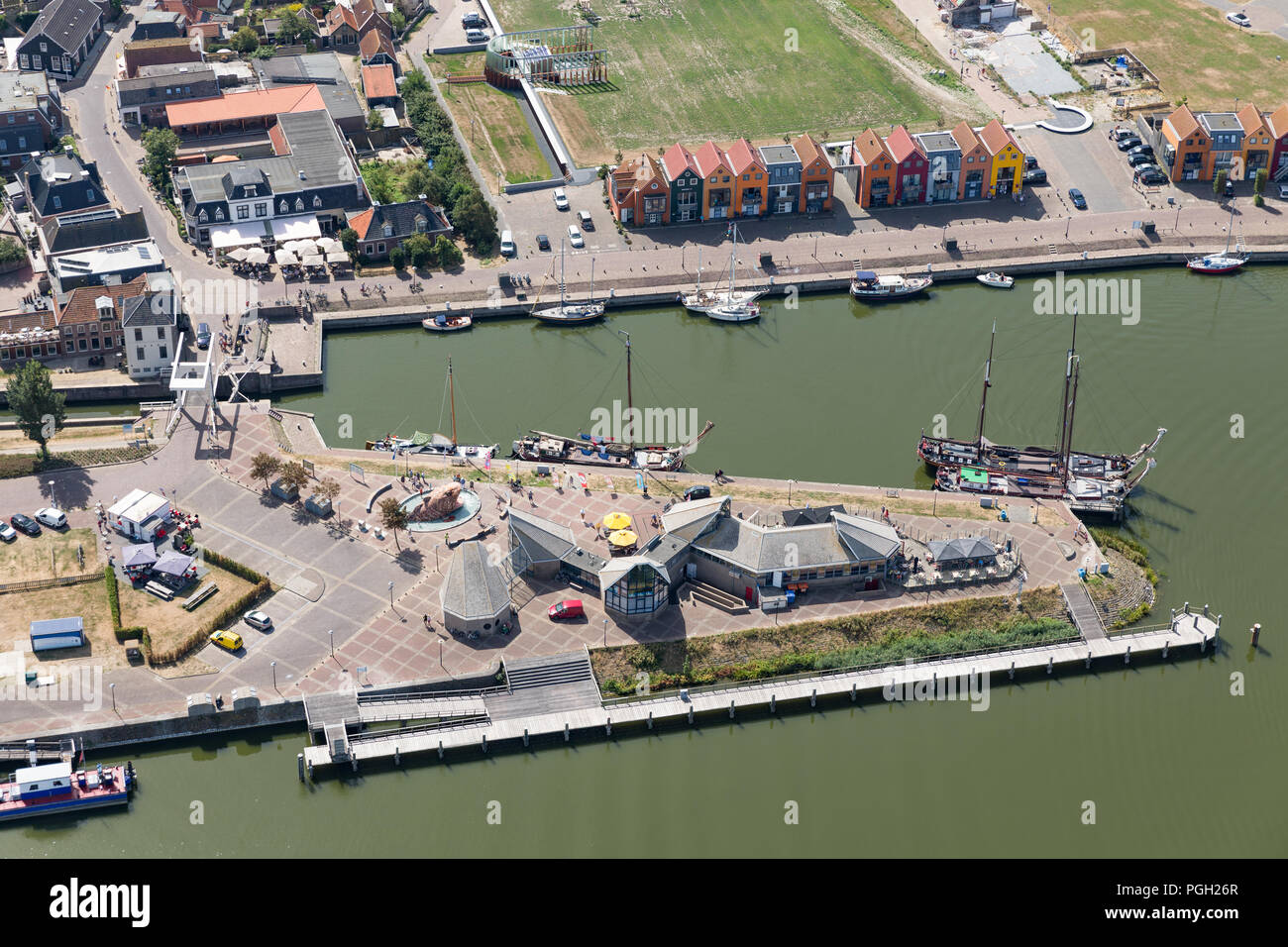 Aerial view harbor Dutch village Stavoren with traditional sailing ...