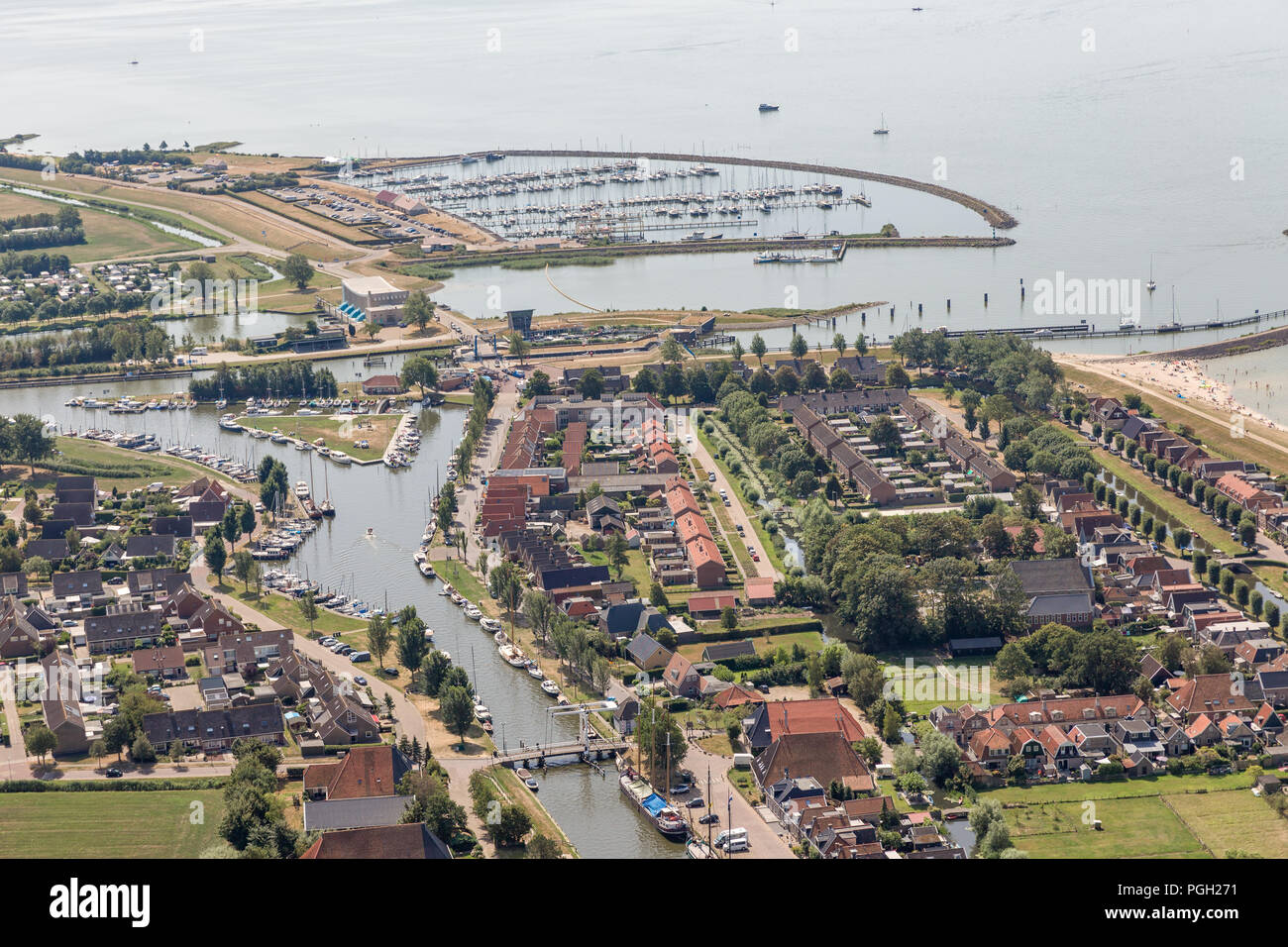 Aerial view Dutch village Stavoren at lake IJsselmeer with marina Stock ...