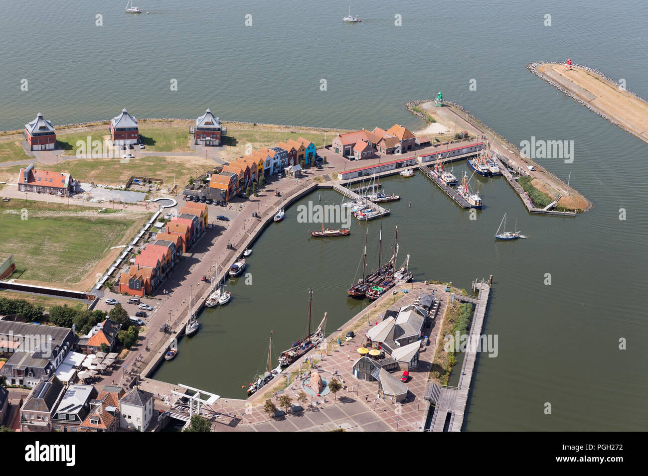 Aerial view harbor Dutch village Stavoren with traditional sailing ...
