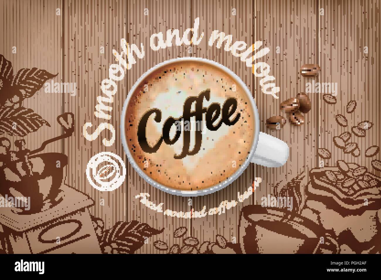 Coffee ads with top view 3d illustration cup and engraved retro ...