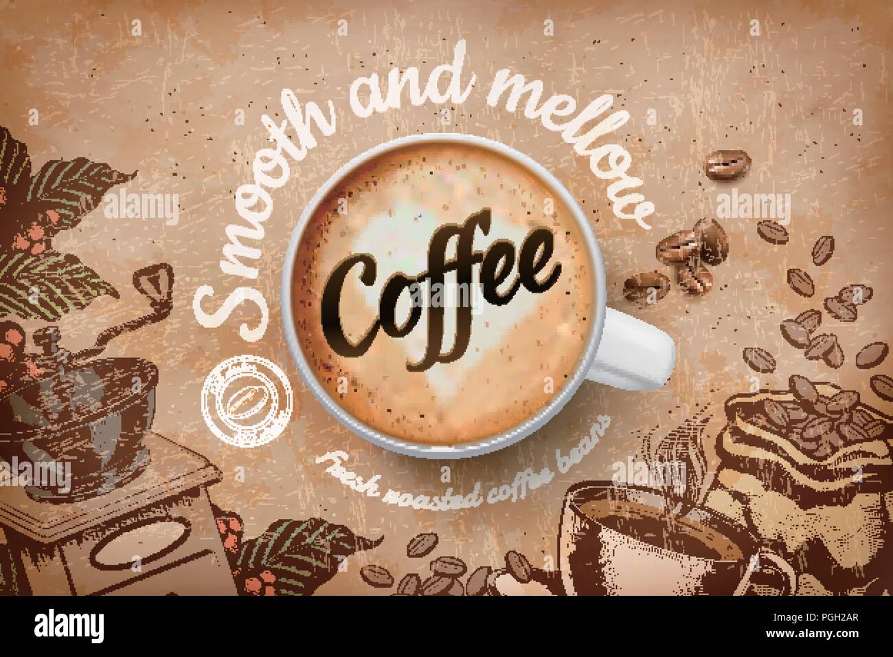 Coffee ads with top view 3d illustration cup and engraved retro ...