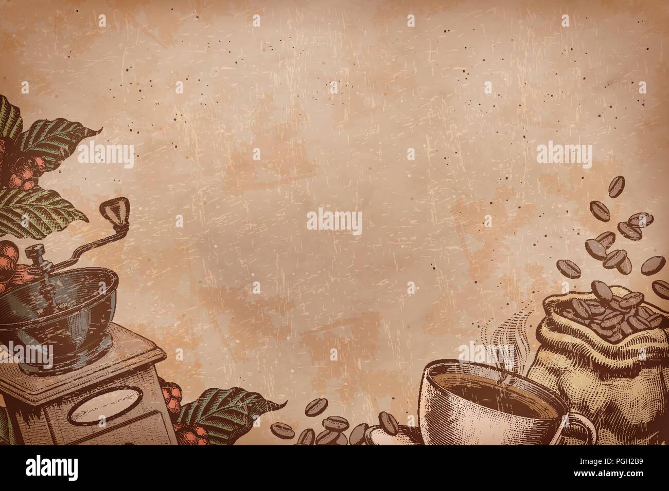 Engraved coffee shop and related objects background on kraft paper ...