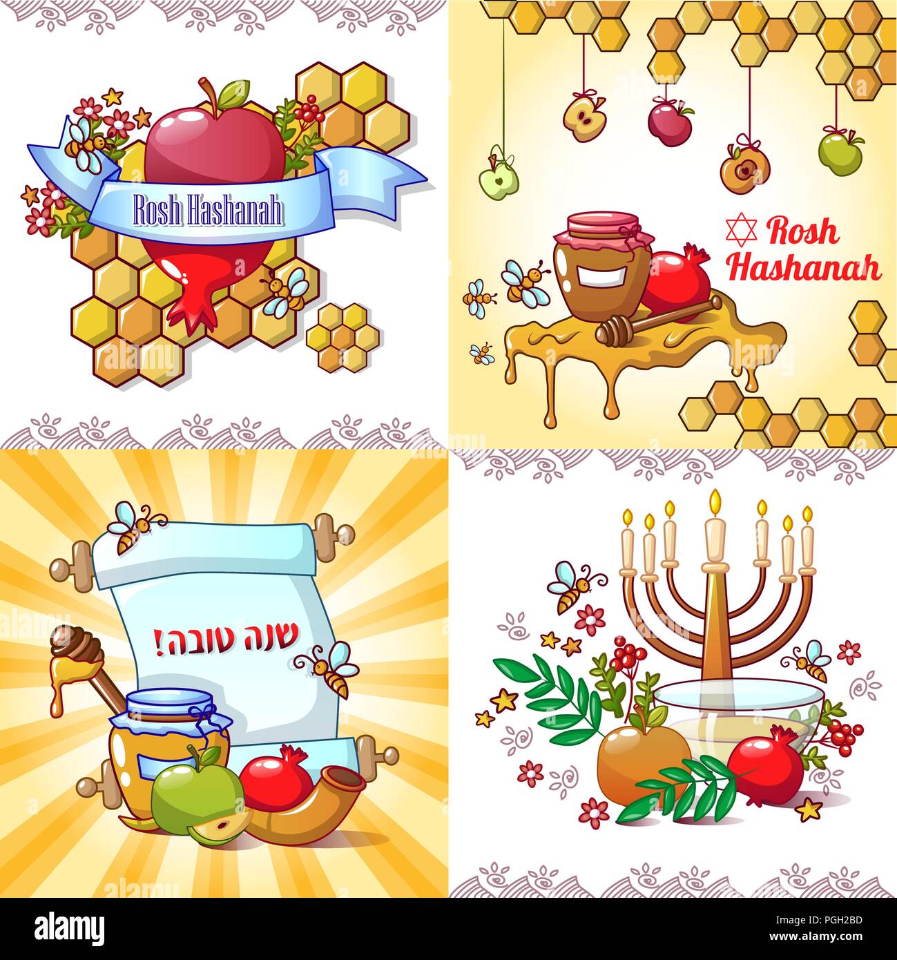 Rosh Hashanah banner concept set, cartoon style Stock Vector Image ...