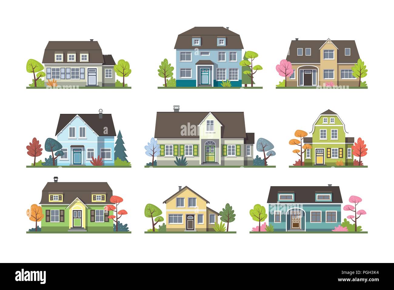 Set of classic cottage house, front view. Isolated on white background ...