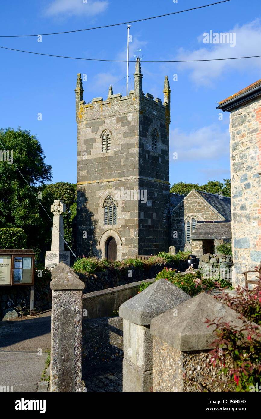 Mullion village on the Lizard Peninsula Cornwall UK St Melanus church ...