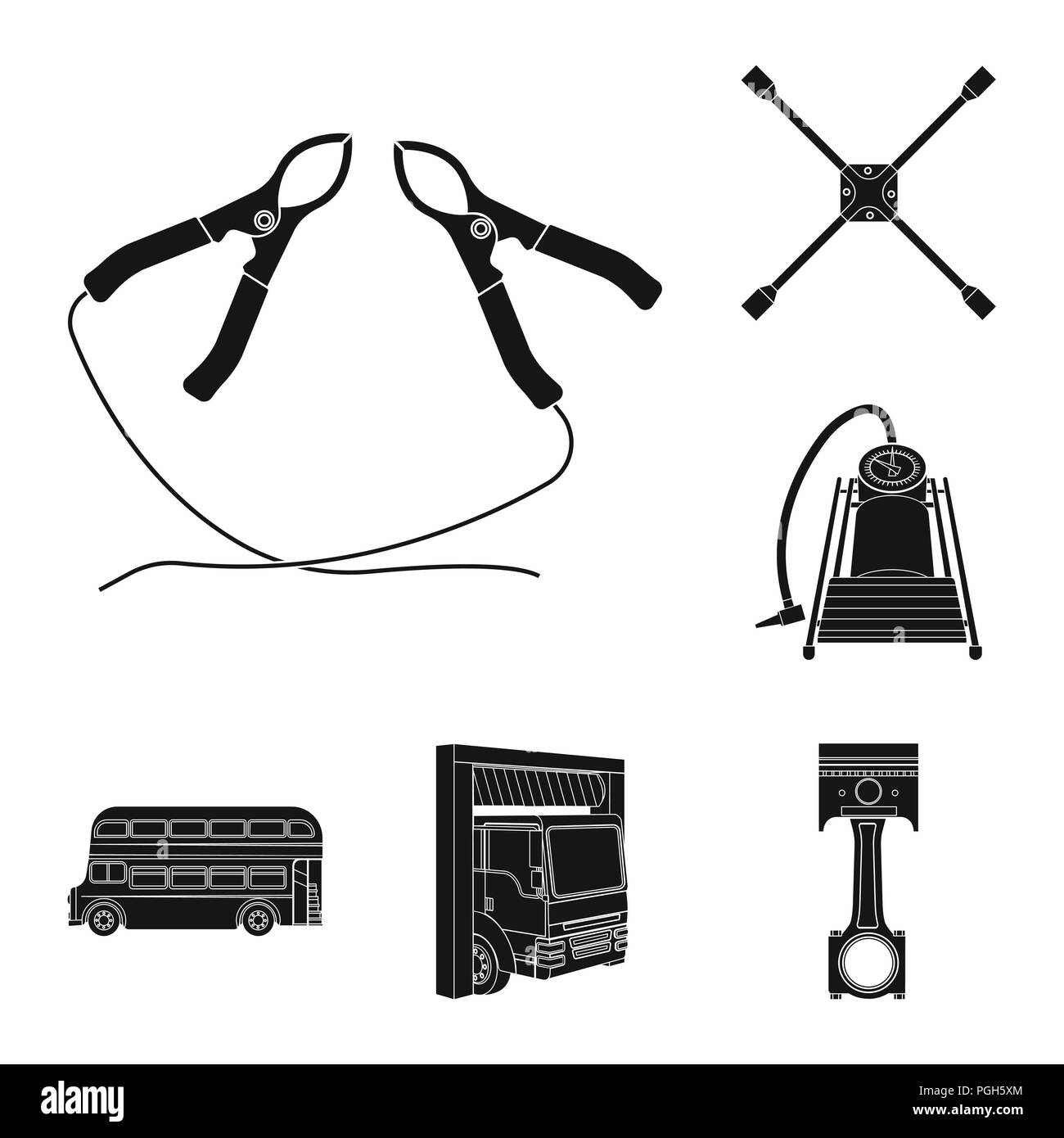 Car, lift, pump and other equipment black icons in set collection for ...