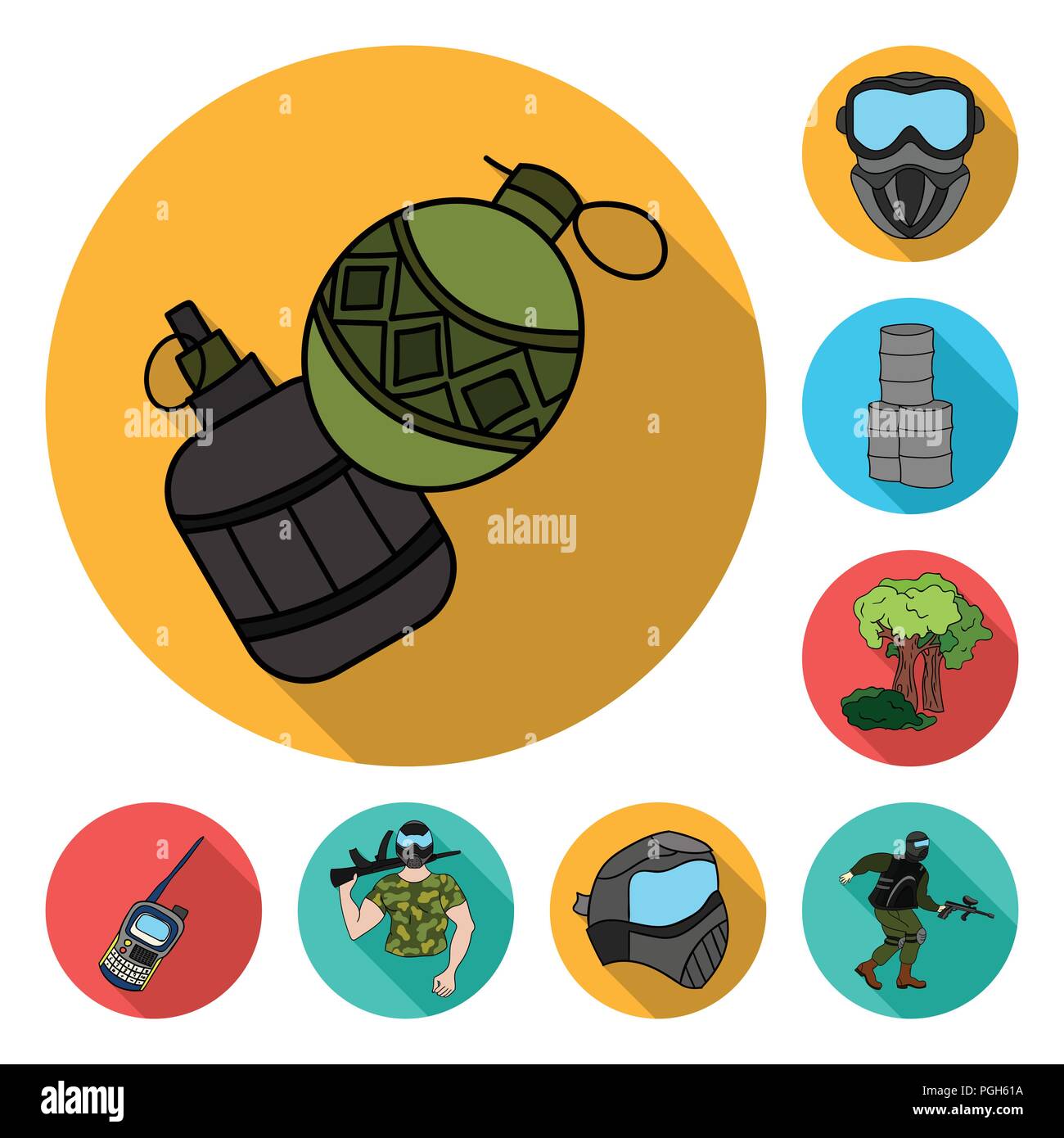 Paintball, team game flat icons in set collection for design. Equipment ...