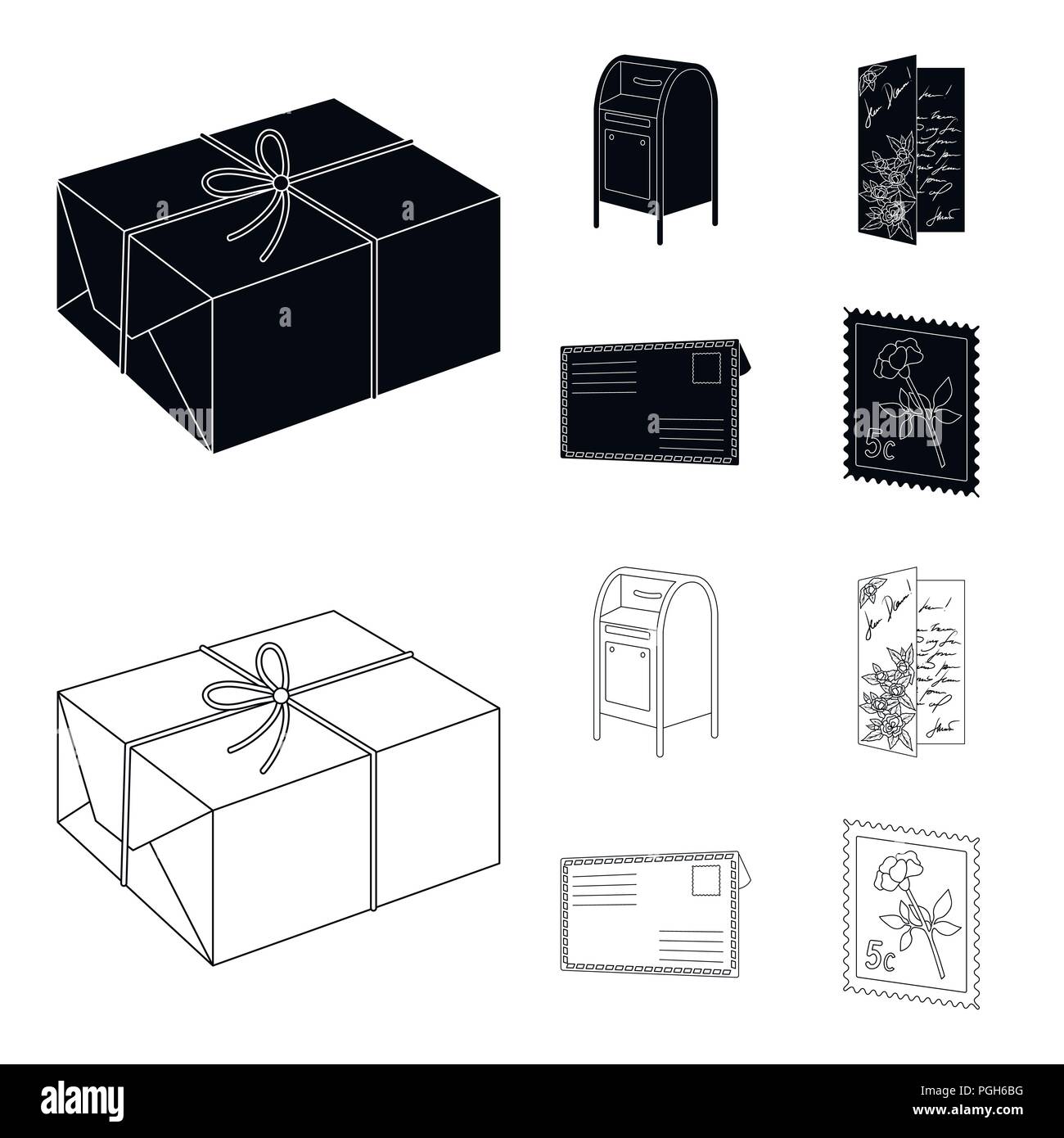 Mailbox, congratulatory card, postage stamp, envelope.Mail and postman ...