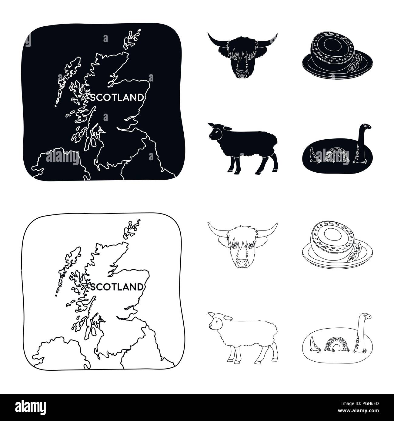 Territory on the map, bull head, cow, eggs. Scotland country set ...
