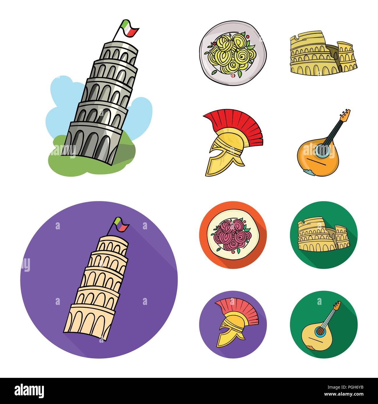 Pisa tower, pasta, coliseum, Legionnaire helmet.Italy country set ...