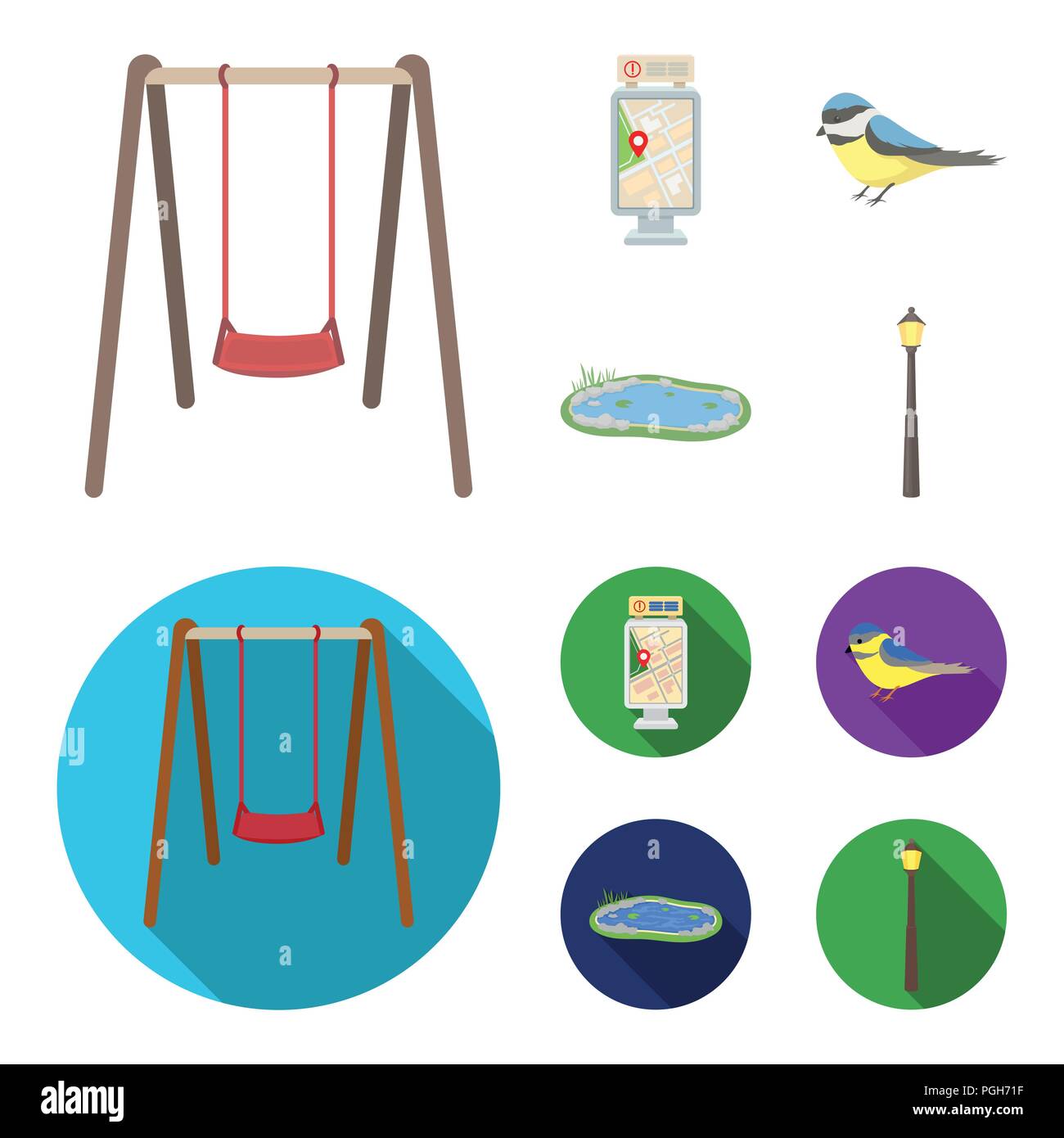 Territory plan, bird, lake, lighting pole. Park set collection icons in ...