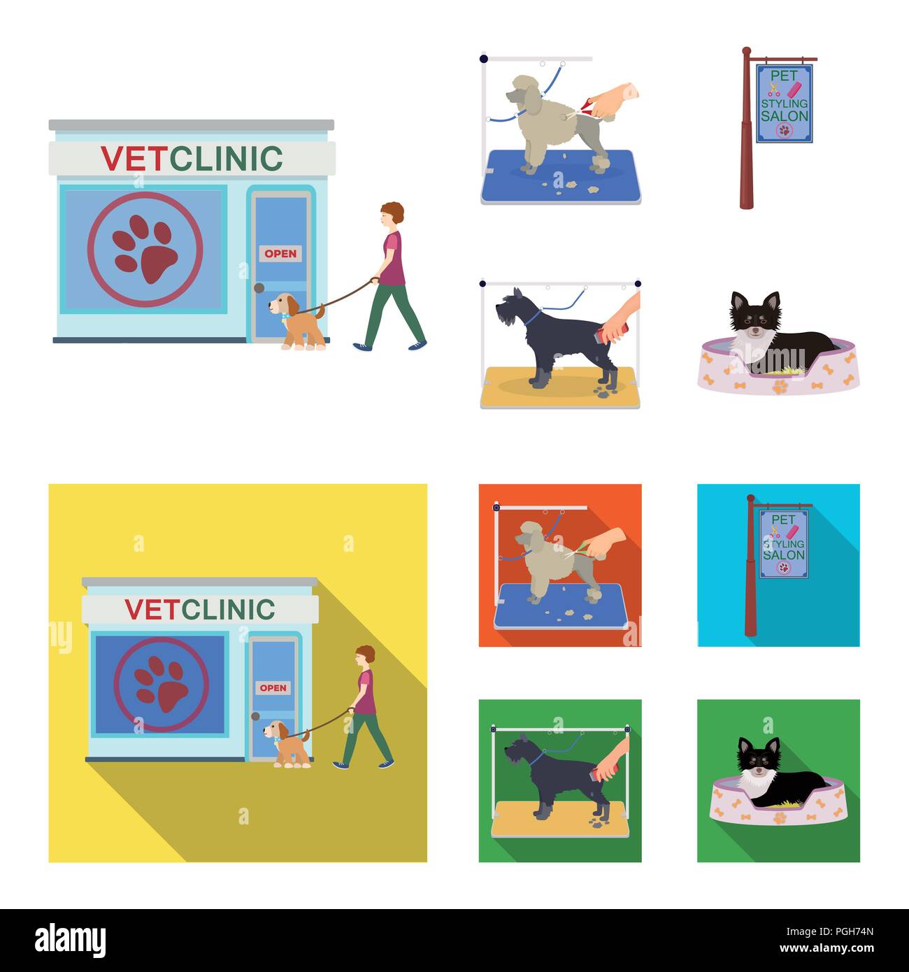 Visiting a vet clinic, a signboard of a stylish salon for a pet, a ...