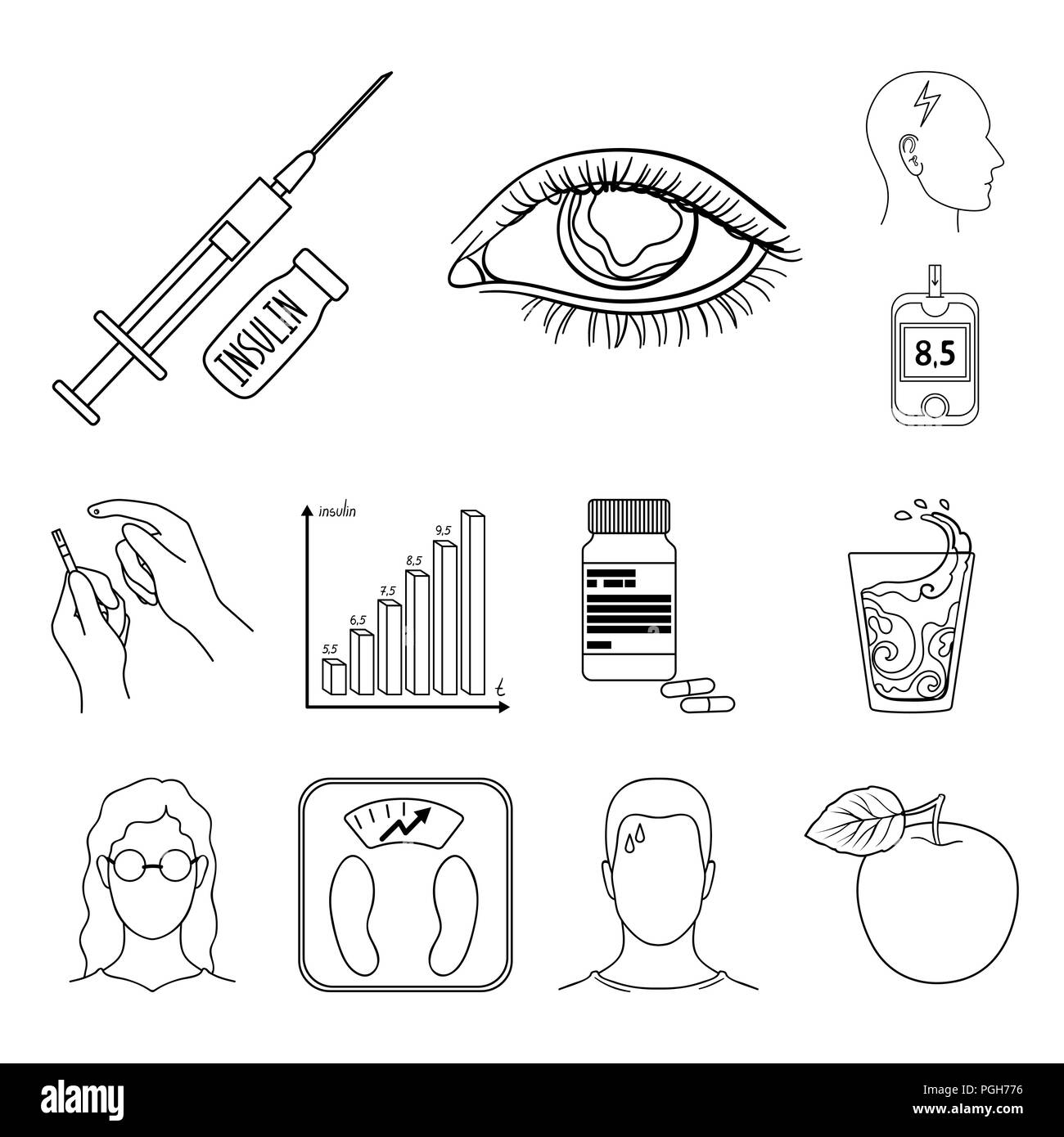 Diabetes outline icons in set collection for design. Treatment of ...