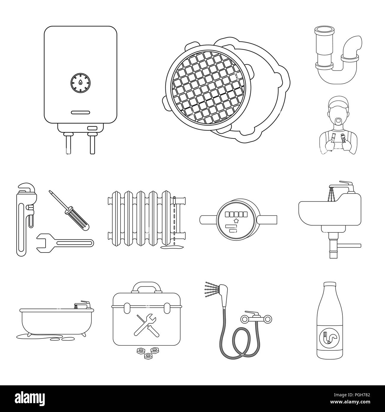Plumbing, fitting outline icons in set collection for design. Equipment ...