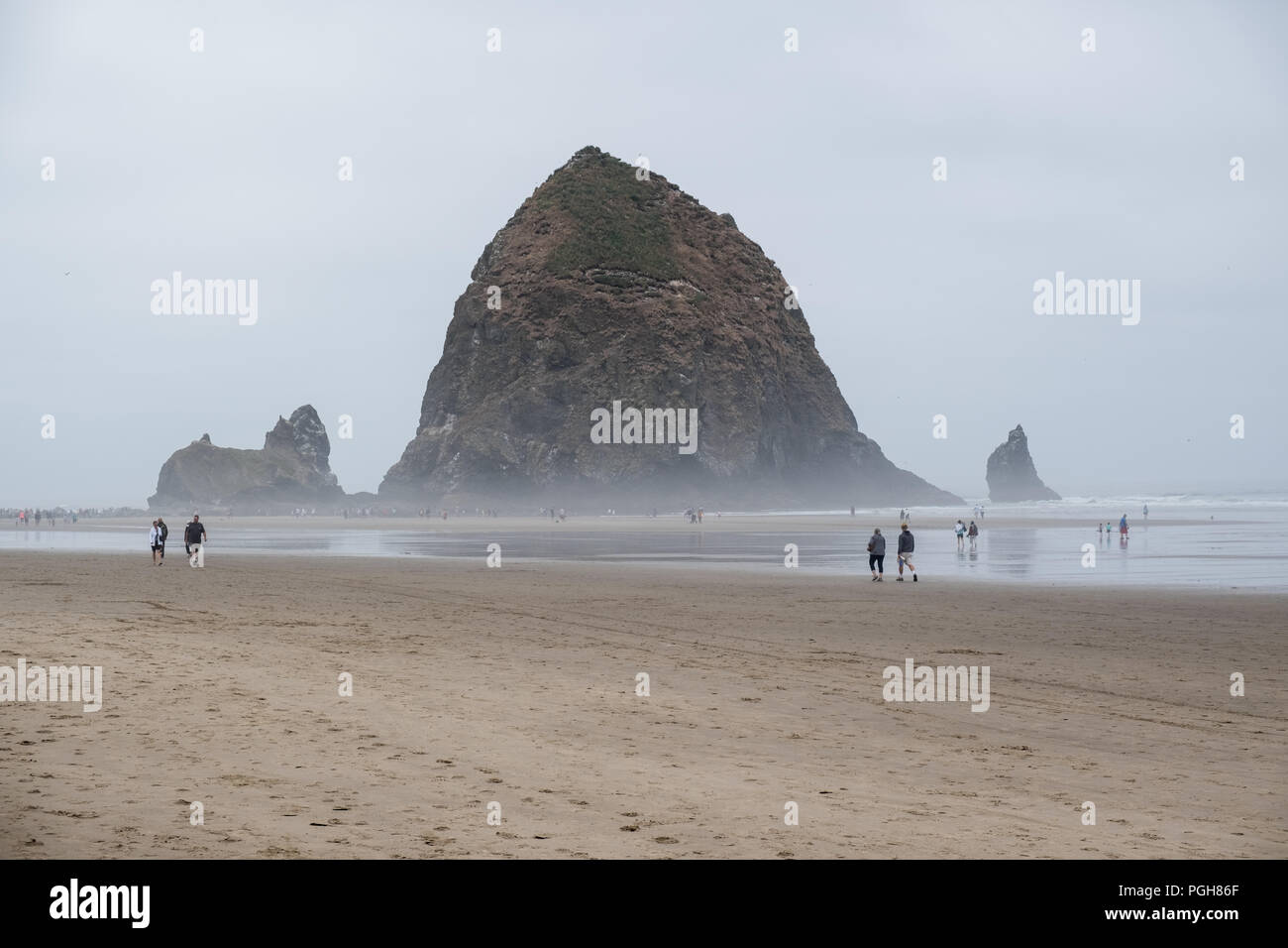 Haystack Rock on misty morning at Cannon Beach, Oregon, USA Stock Photo ...