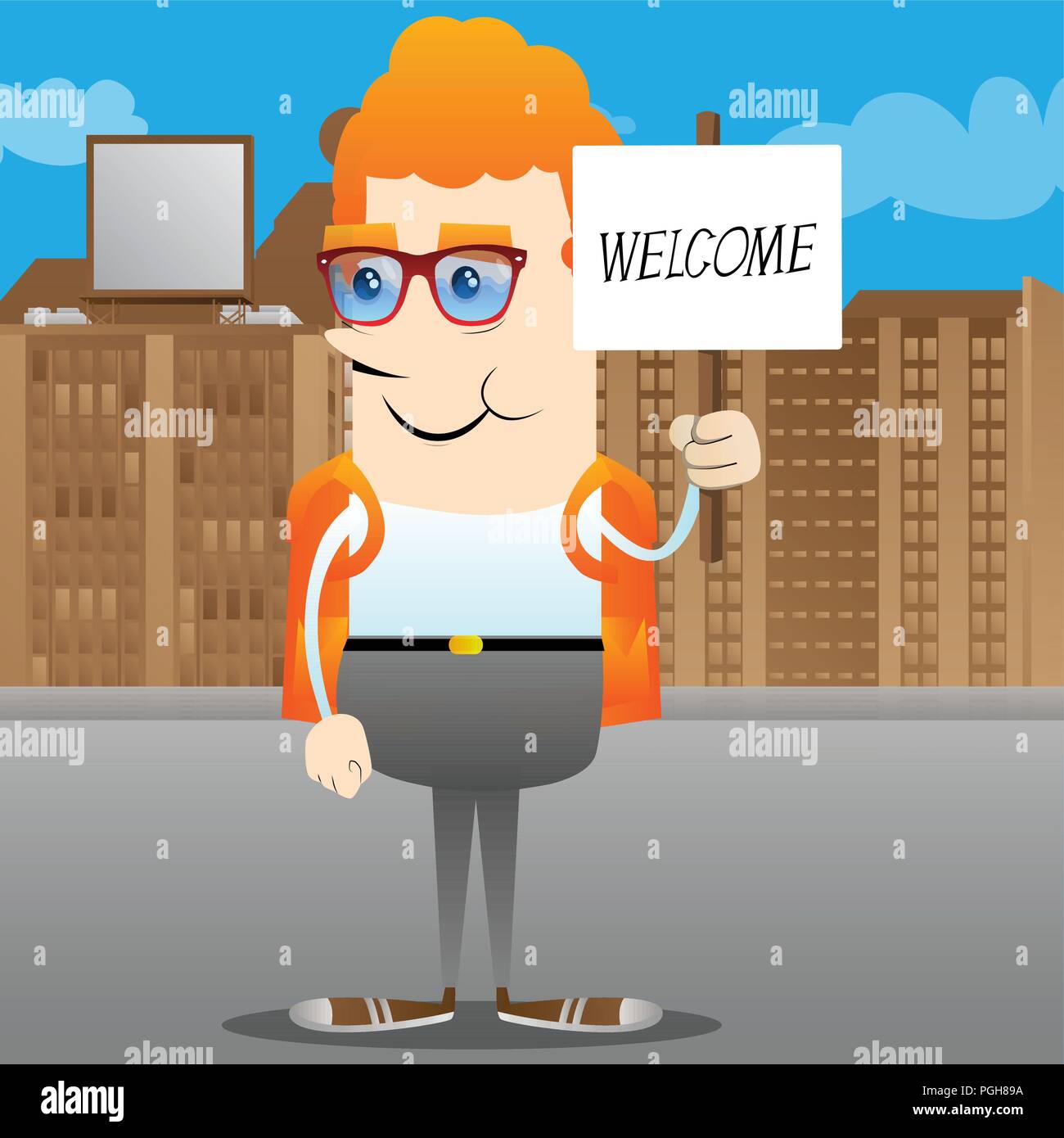 Schoolboy holding a banner with welcome text. Vector cartoon character ...