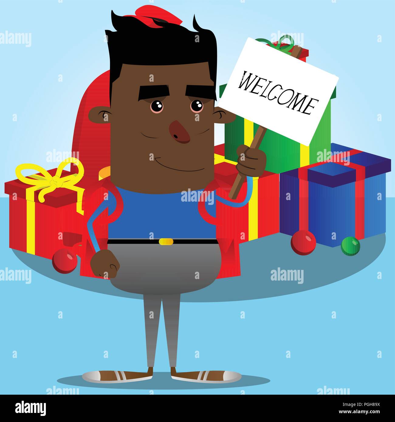 Schoolboy holding a banner with welcome text. Vector cartoon character ...