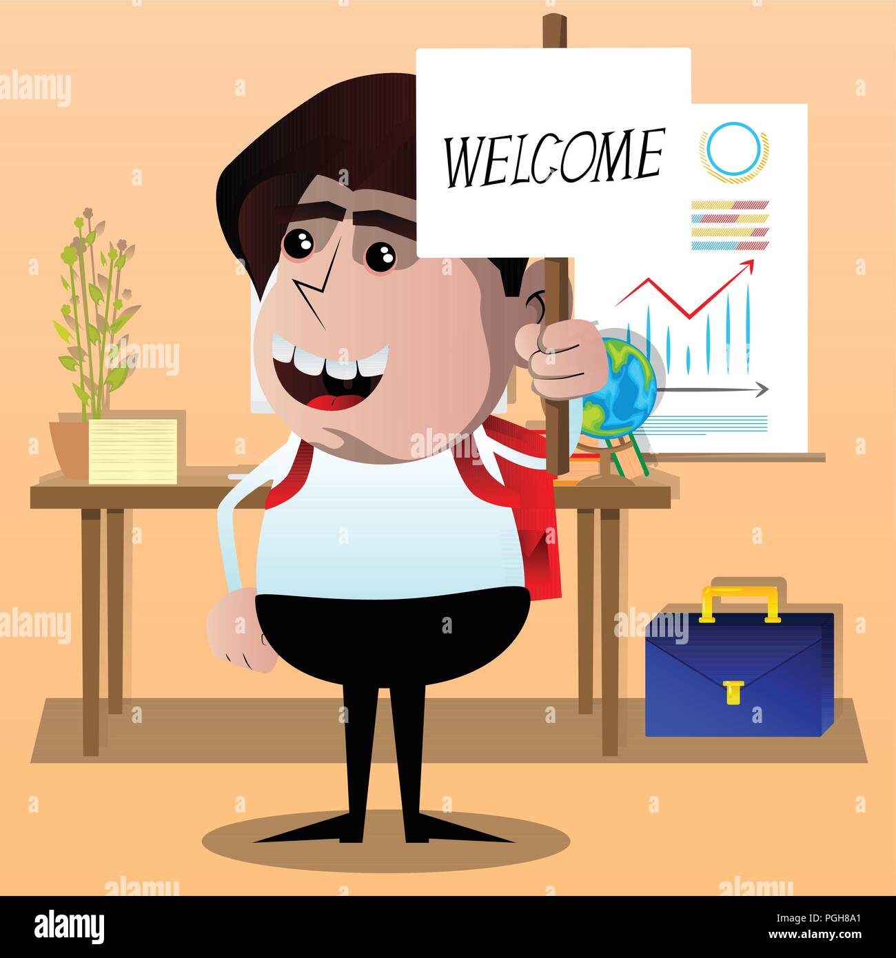 Schoolboy holding a banner with welcome text. Vector cartoon character ...
