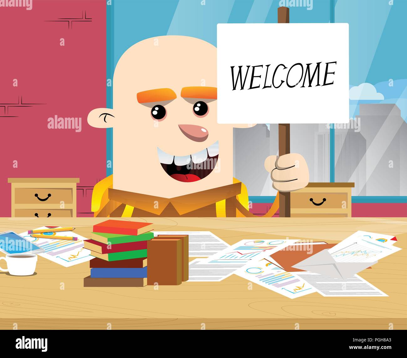 Schoolboy holding a banner with welcome text. Vector cartoon character ...