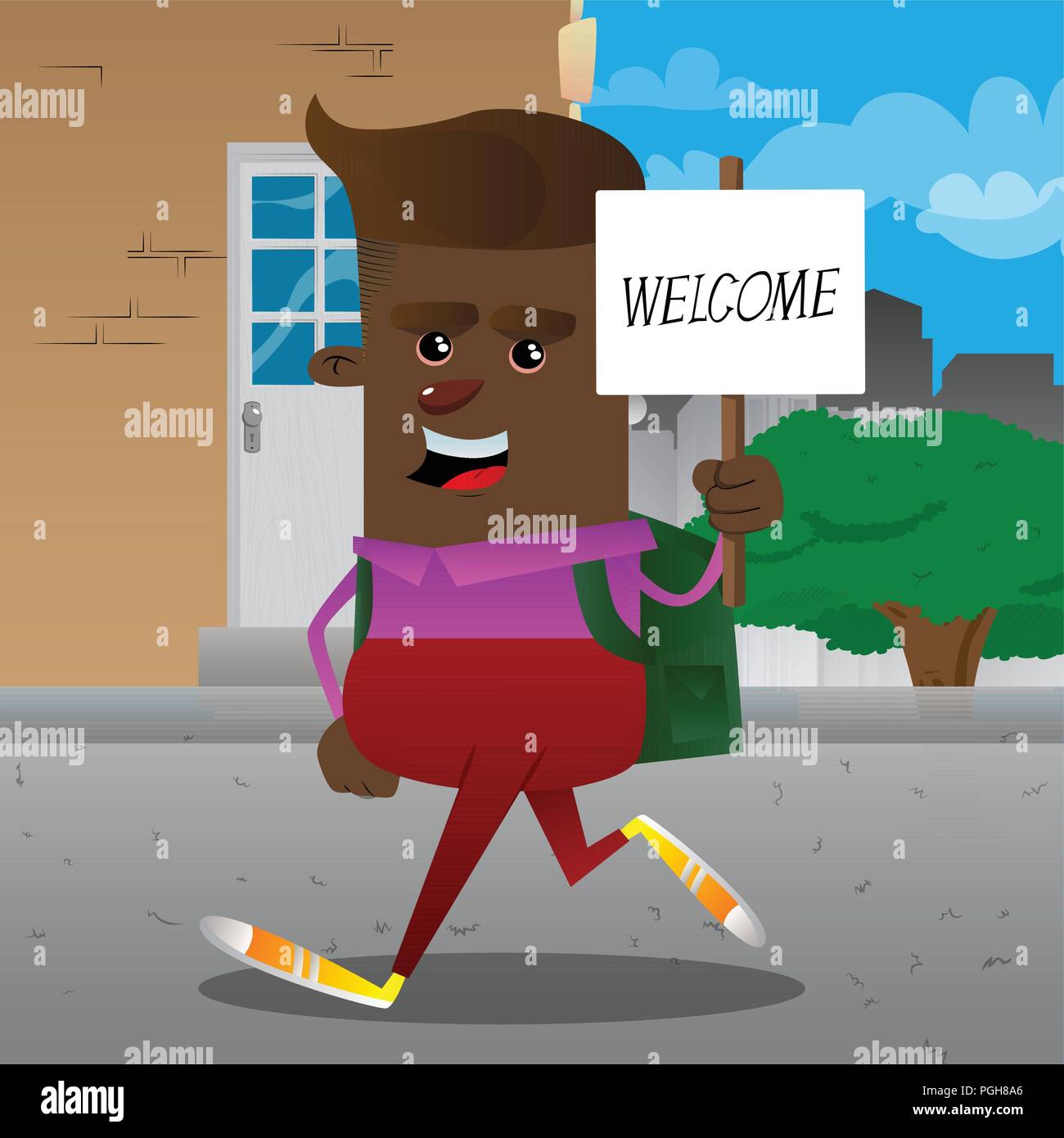 Schoolboy holding a banner with welcome text. Vector cartoon character ...