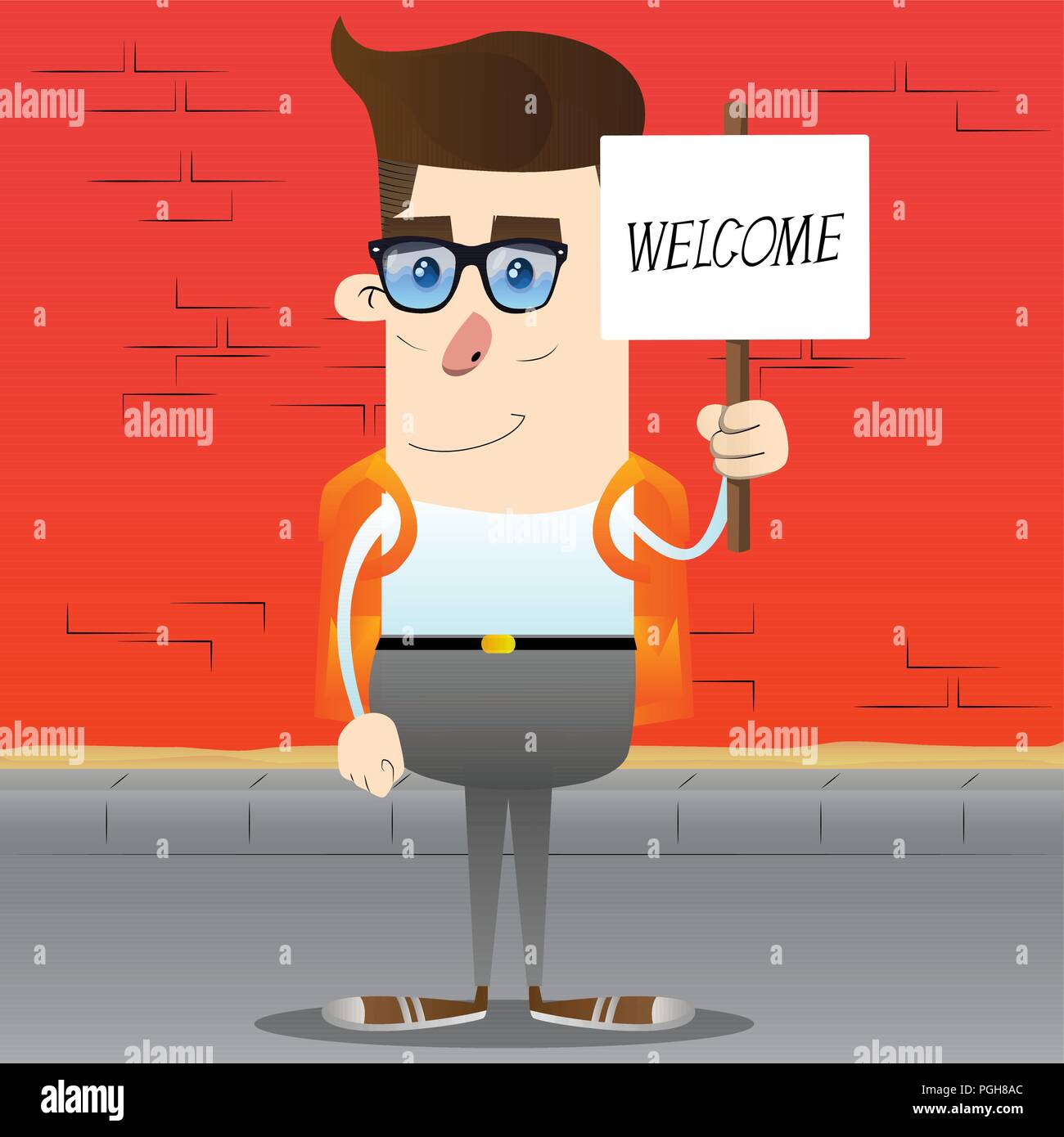 Schoolboy holding a banner with welcome text. Vector cartoon character ...