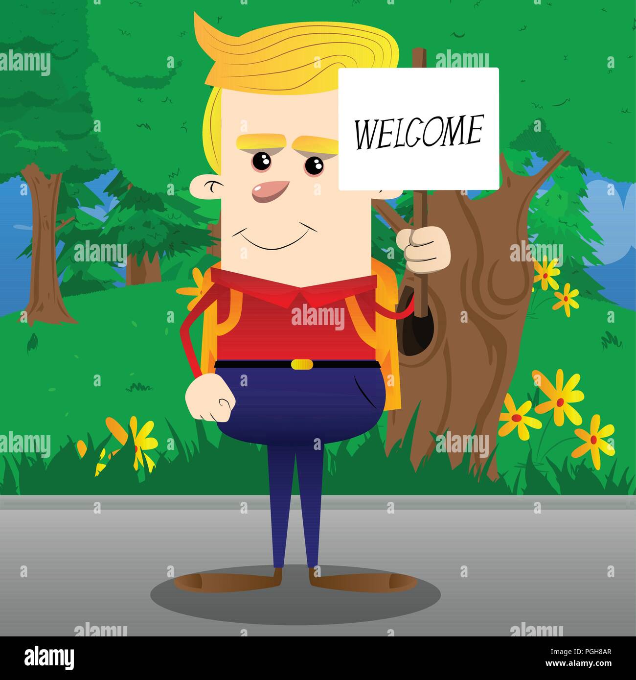 Schoolboy holding a banner with welcome text. Vector cartoon character ...