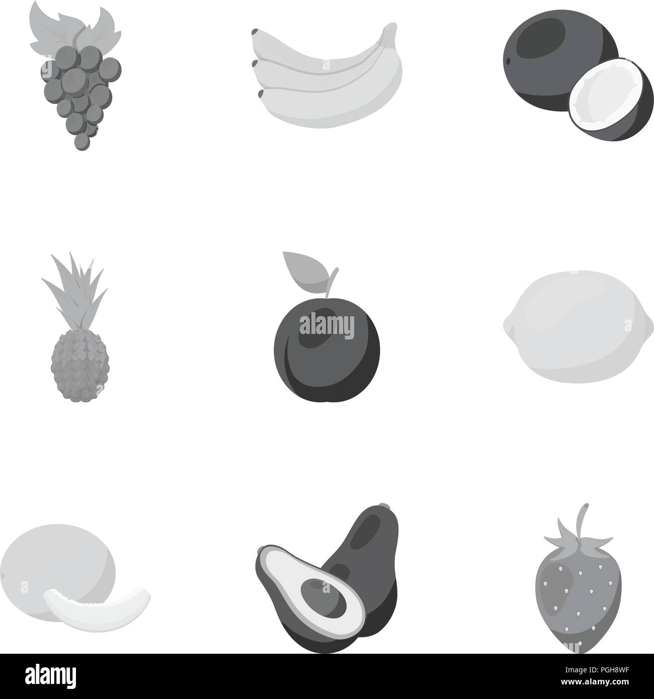 Fruits set icons in monochrome style. Big collection of fruits vector ...