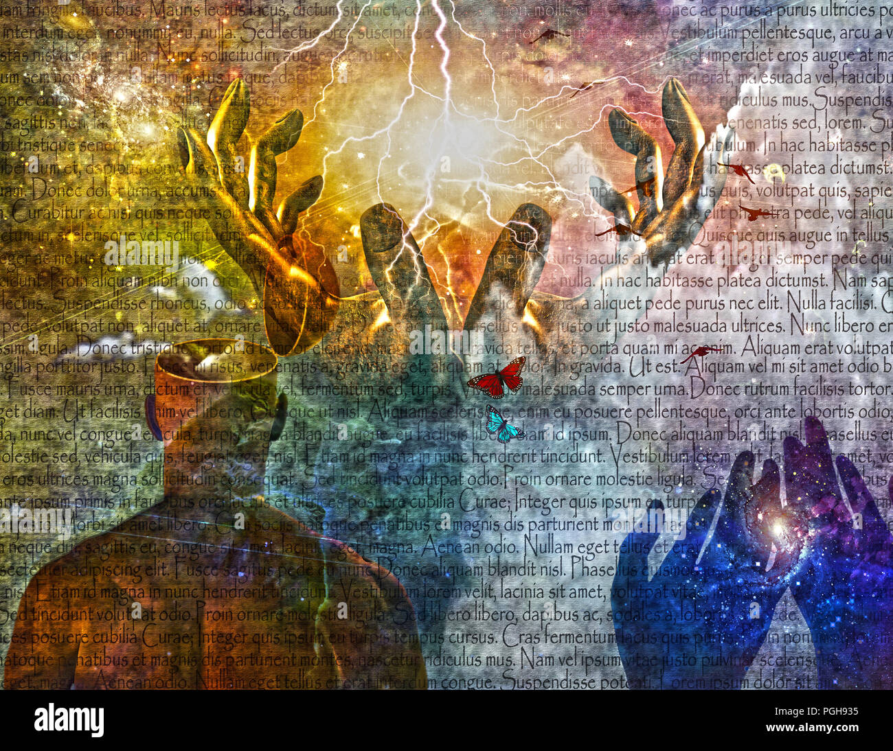 Surreal composition. Hands and man's body with opened head Stock Photo ...